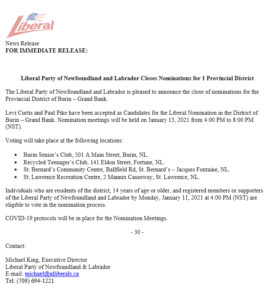 Liberal Party of Newfoundland and Labrador Closes Nominations for 1 ...