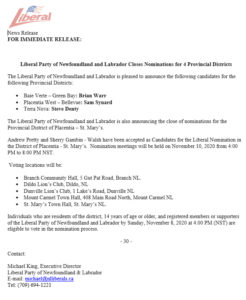Liberal Party of Newfoundland and Labrador Closes Nominations for 4 ...