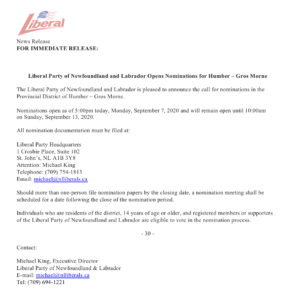 Liberal Party of Newfoundland and Labrador Opens Nominations in Humber ...